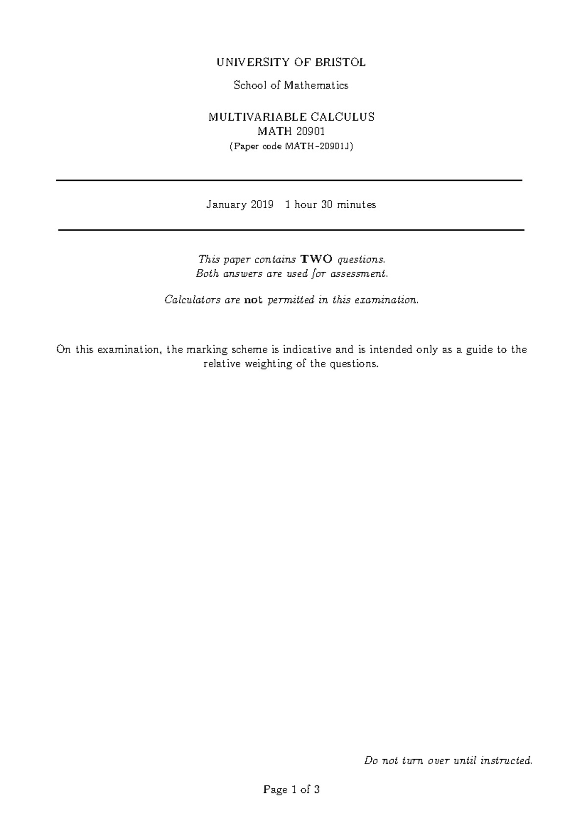 Multivariable Calculus and Complex Functions Exam 2019 - UNIVERSITY OF ...