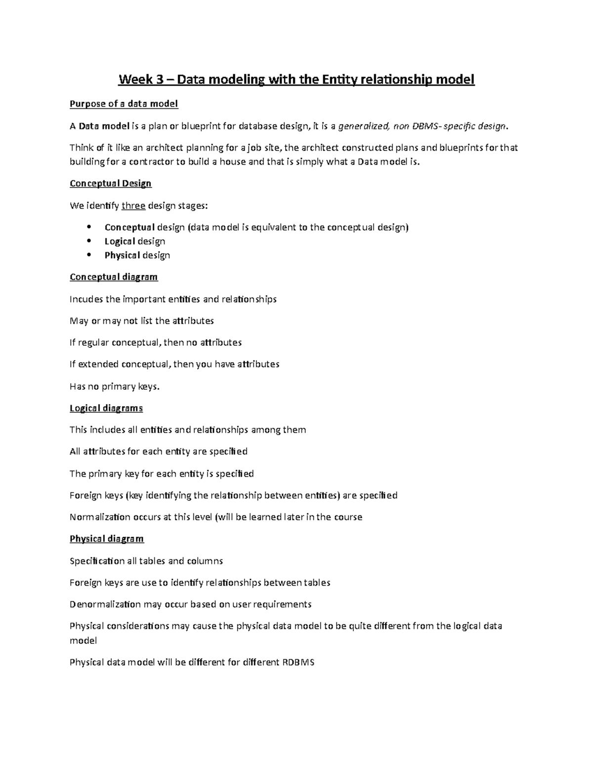 Week 3 Data modelng with Entity relationship model - Week 3 – Data modeling with the Entity ...