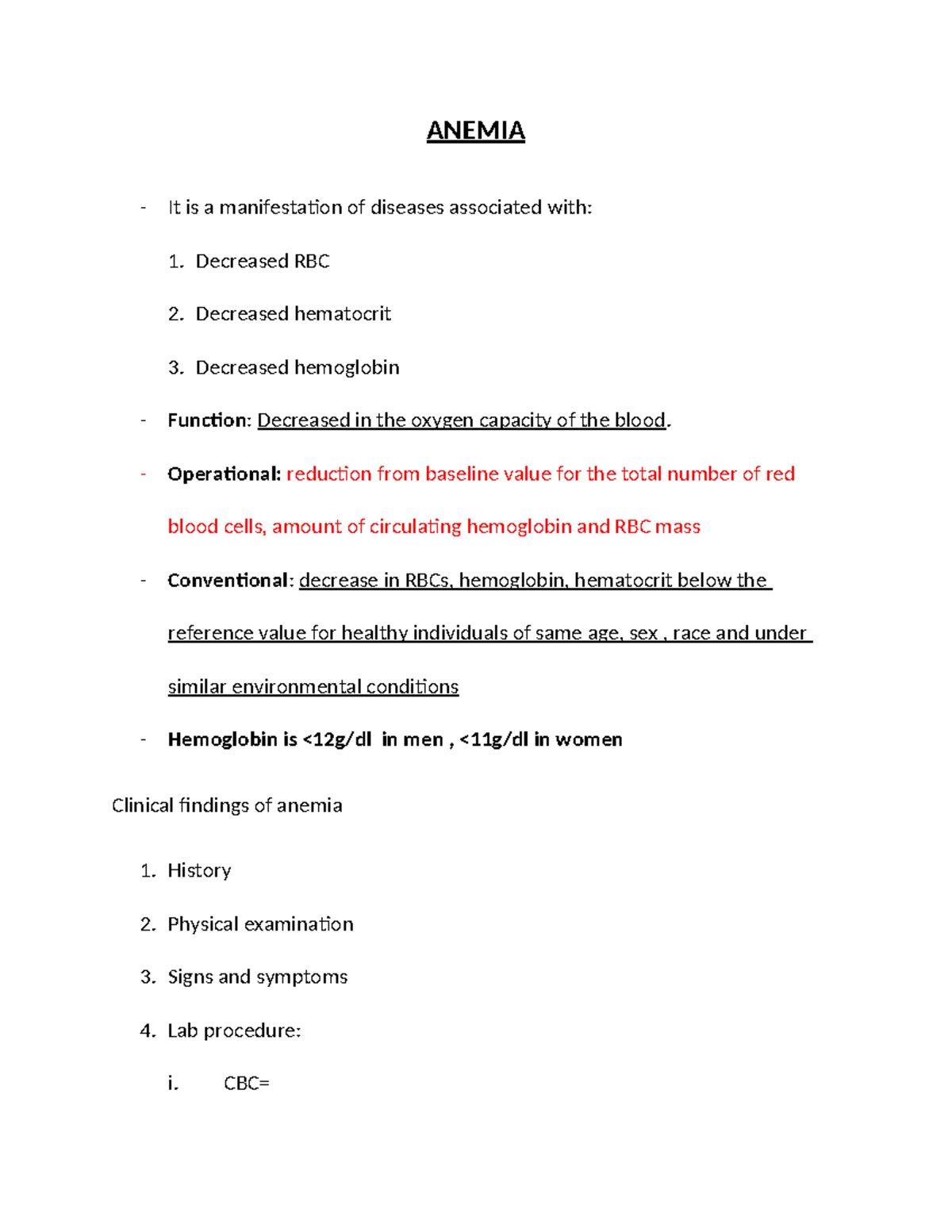 Anemia PART 1 - ANEMIA It is a manifestation of diseases associated ...