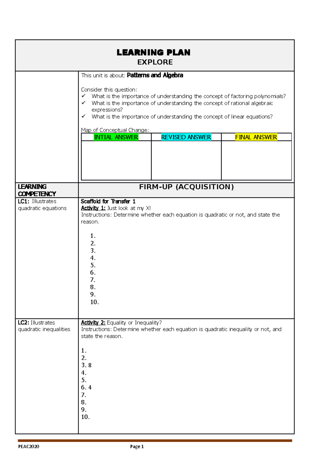1st quarter - Learning Plan - Math 9 - LEARNING PLAN EXPLORE This unit ...