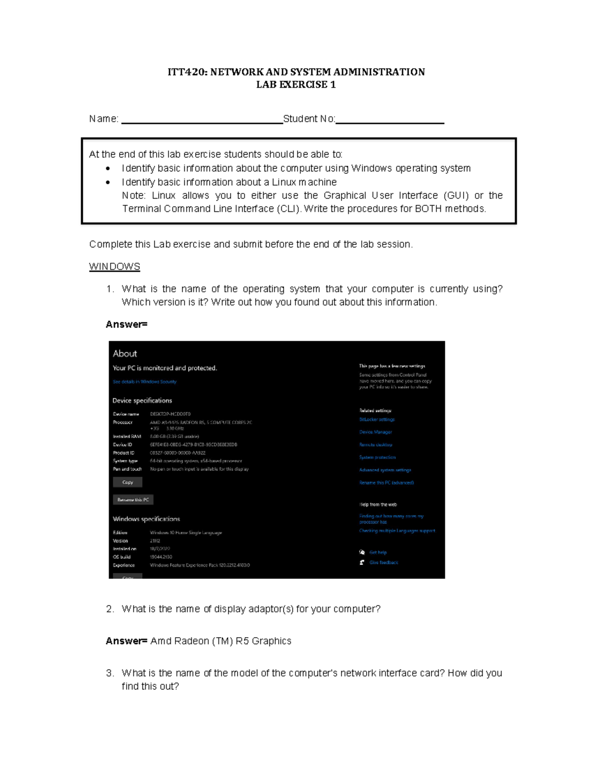 LAB 1 ITT420 - lab introduction - ITT420: NETWORK AND SYSTEM ADMINISTRATION LAB EXERCISE 1 Name ...