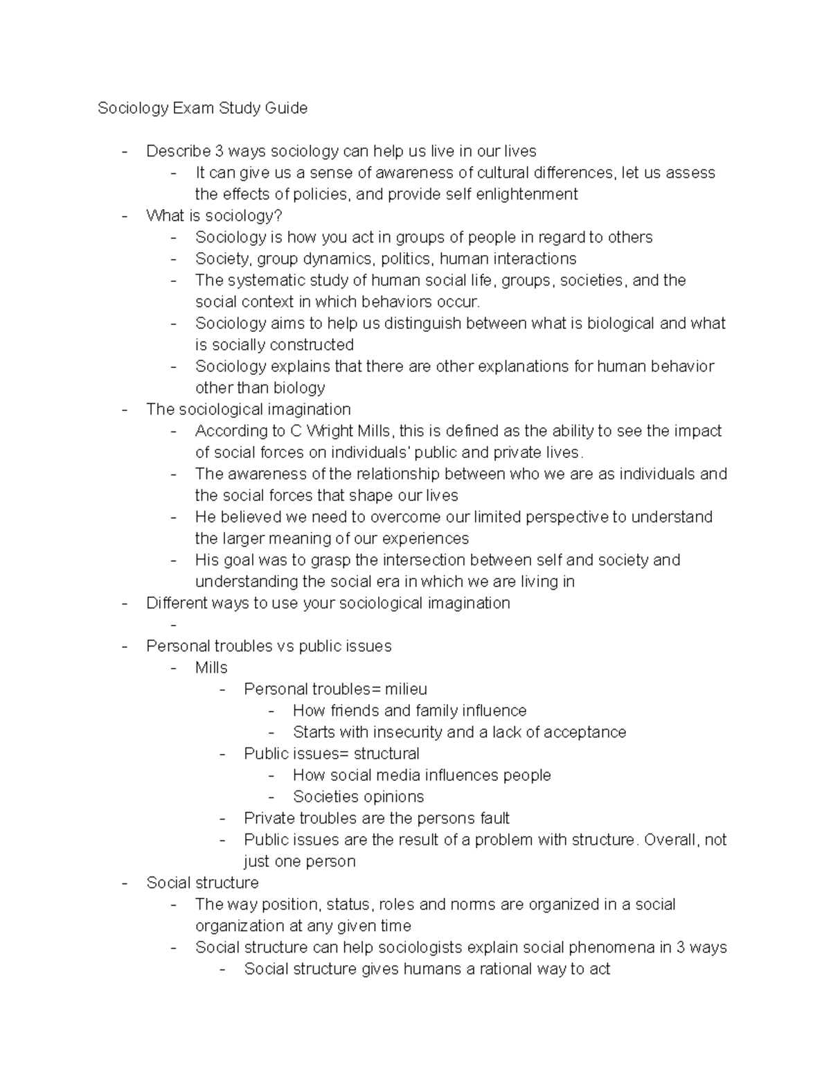 Sociology Study Guide - Professor Springer Spring Semester - Sociology ...