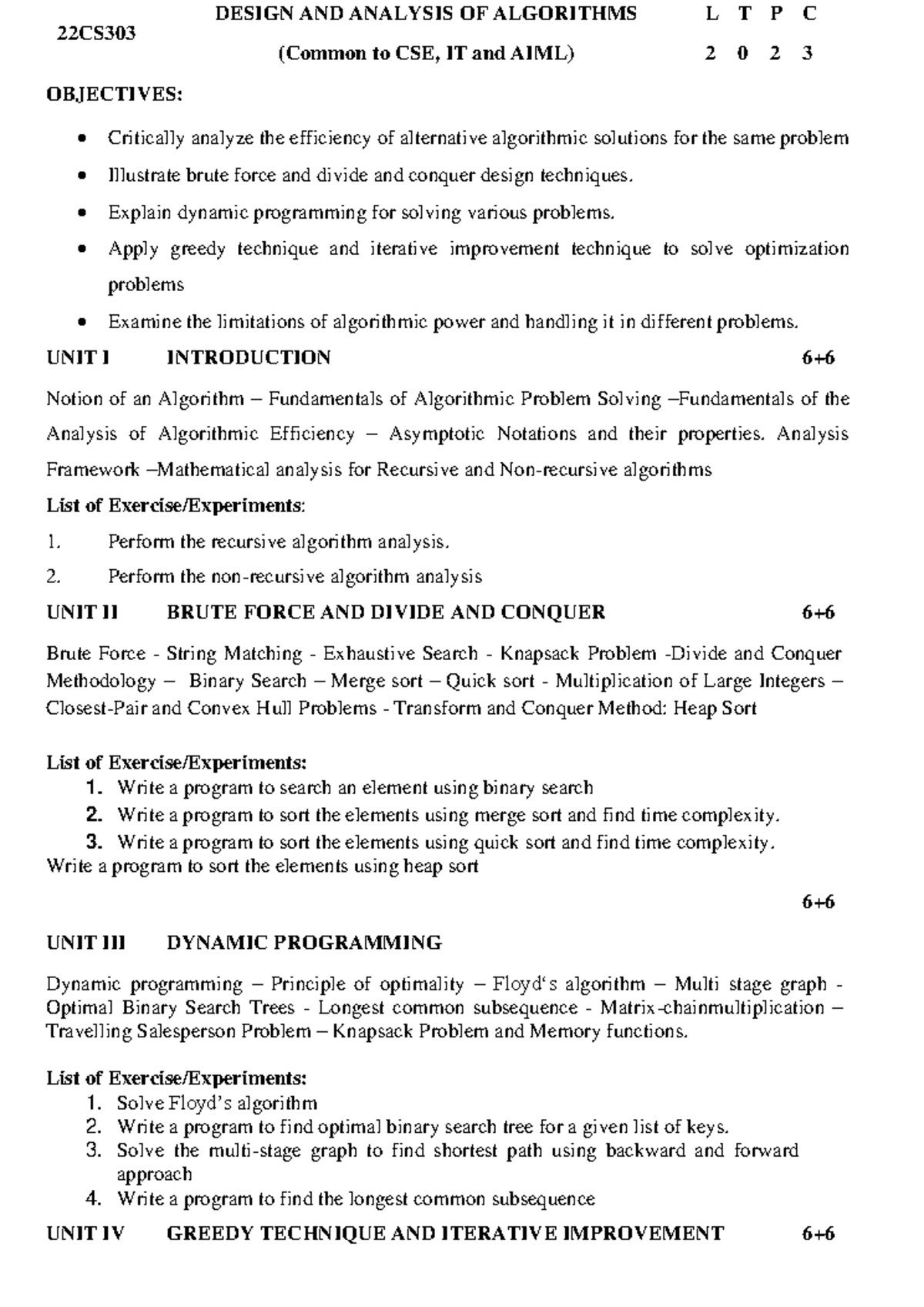 22CS303-DAA-Full notes - 22CS DESIGN AND ANALYSIS OF ALGORITHMS (Common ...