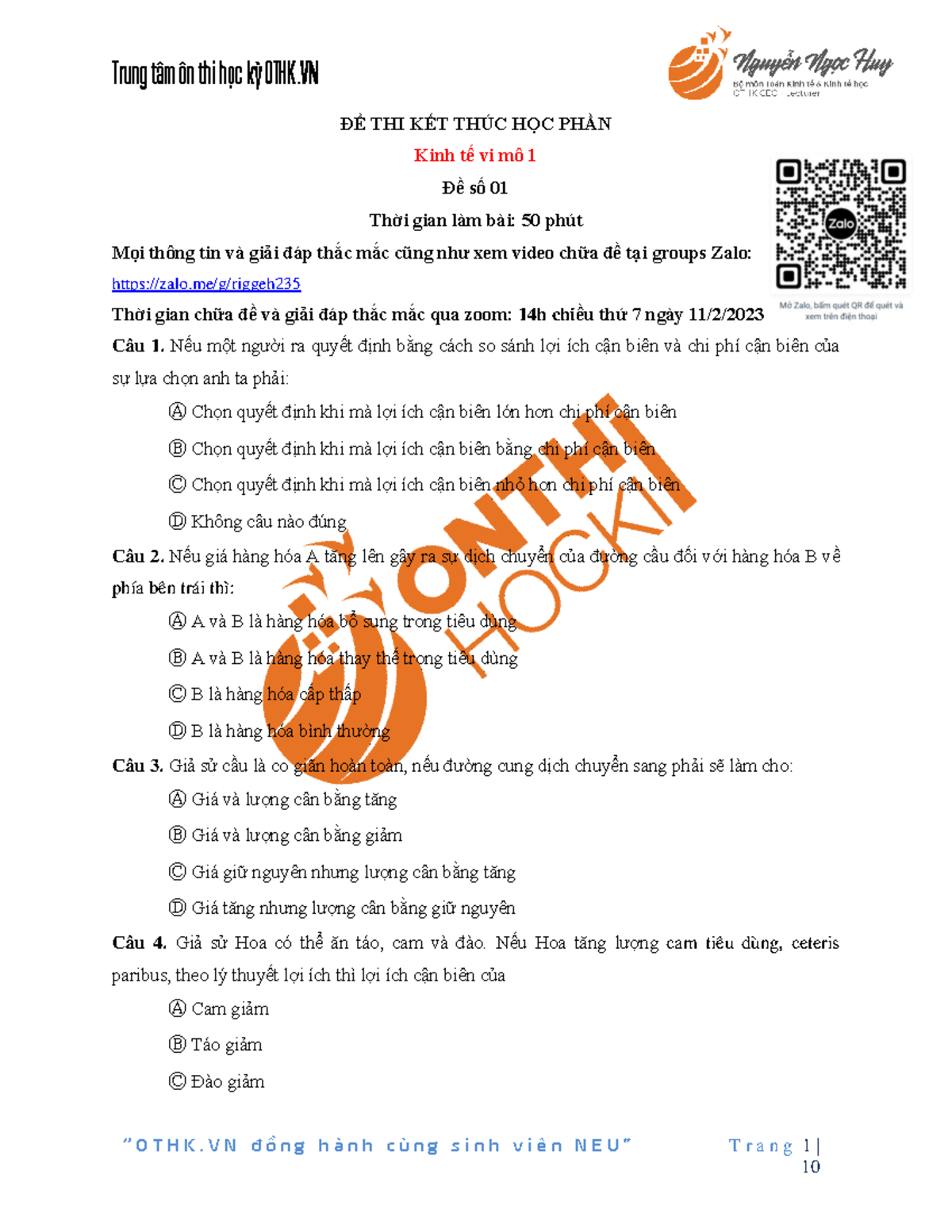 Đề số 1 - ... - “ O T H K. V N đ ồ n g h à n h c ù n g s i n h v i ê n N E U ” T r a n g 1 | ĐỀ ...