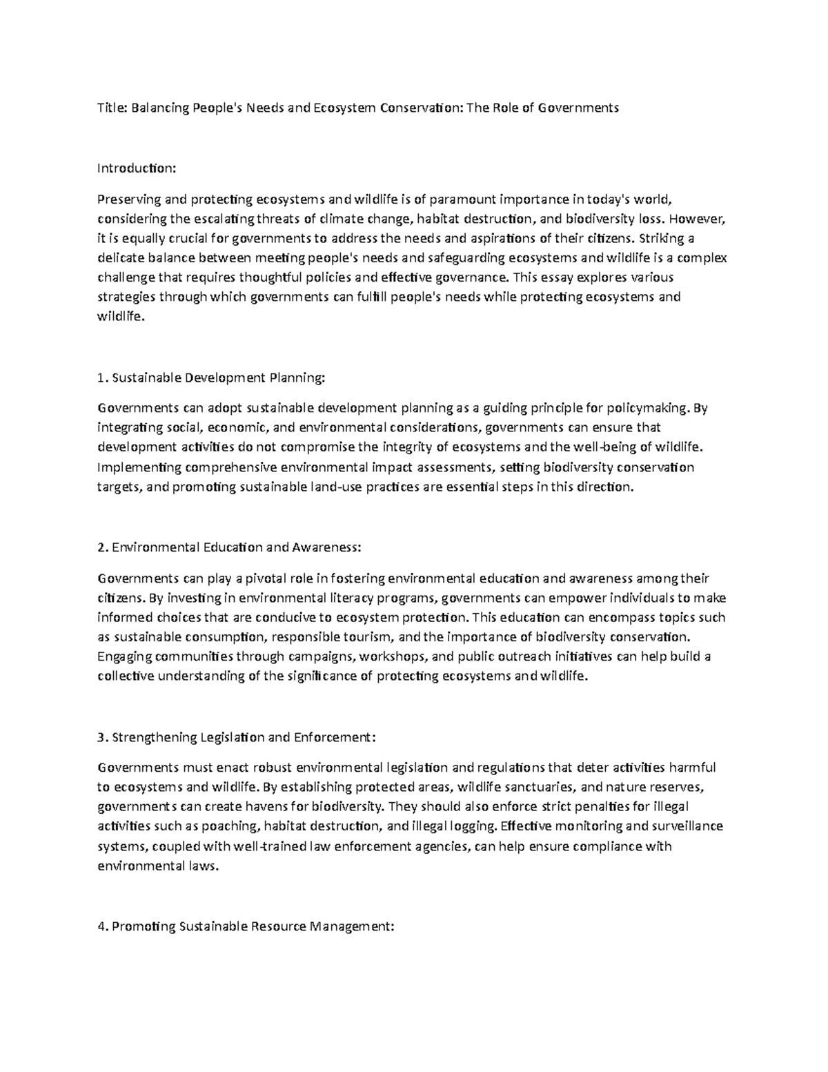 Balancing People's Needs and Ecosystem Conservation The Role of ...