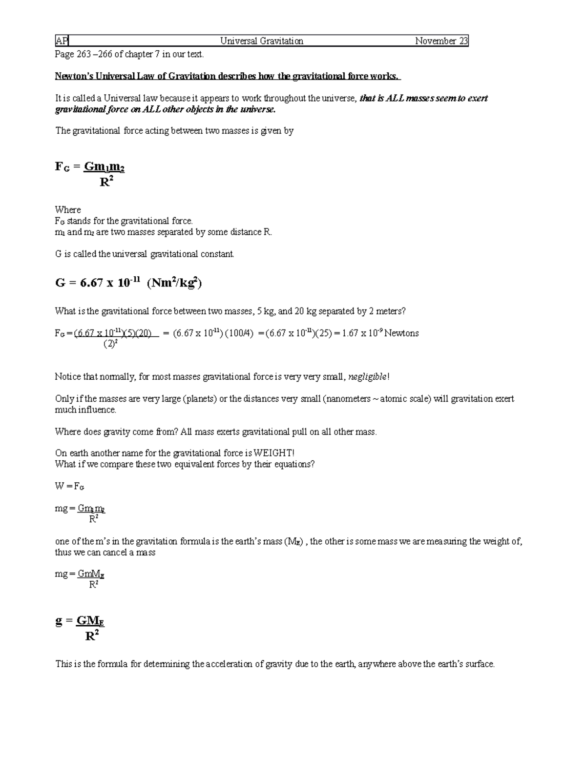 12 Universal Gravitation notes 07 - AP Universal Gravitation November ...