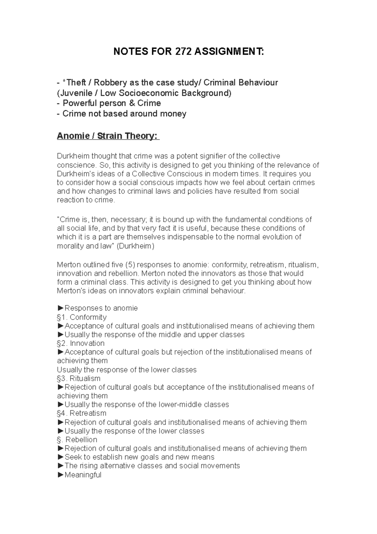Notes FOR 272 Assignment - NOTES FOR 272 ASSIGNMENT: - *Theft / Robbery ...
