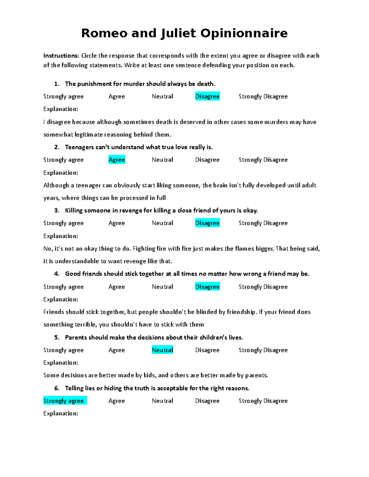 Romeo and Juliet Opinionnaire Day 1 1 - Romeo and Juliet Opinionnaire ...