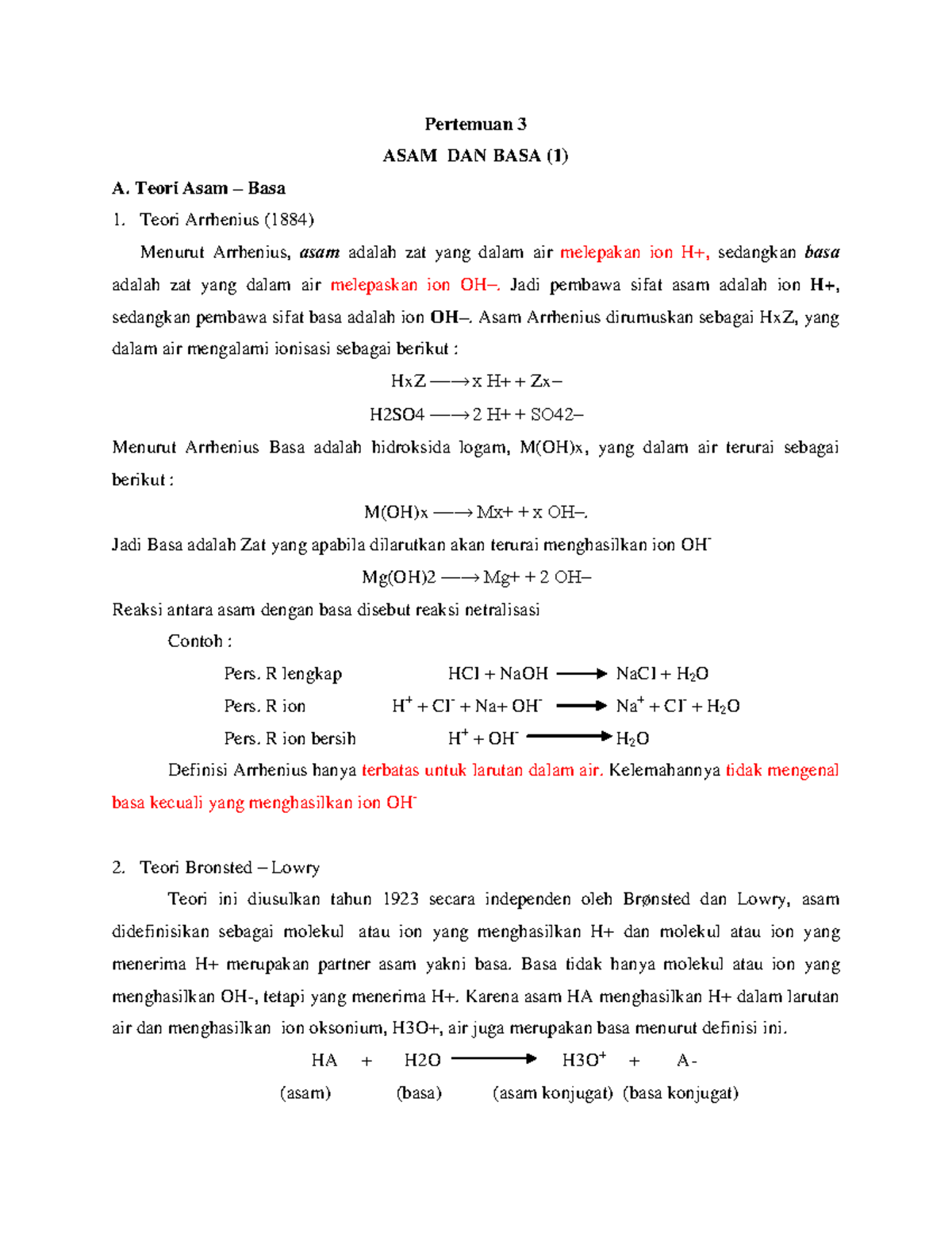 ASAM DAN BASA 1 - Rangkuman asam dan basa larutan untuk kimia dasar ...