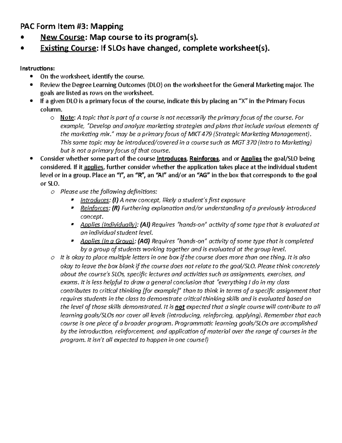Marketing - Assigned by prof - PAC Form Item #3: Mapping New Course ...