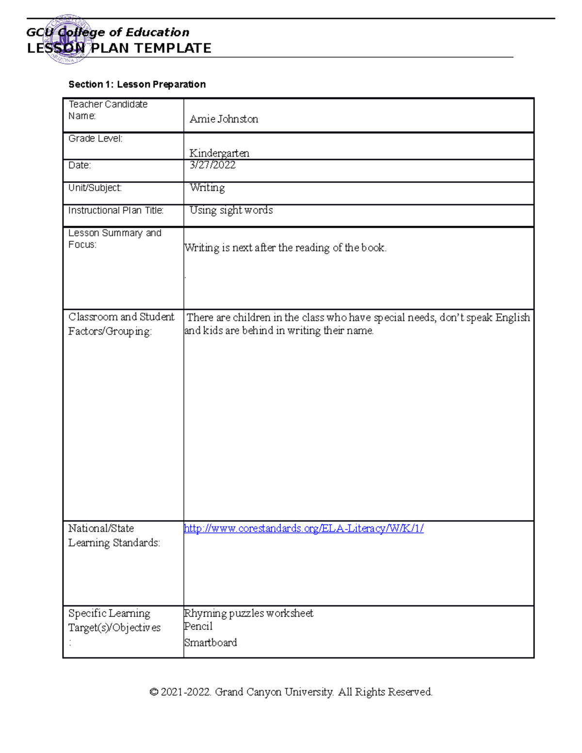 Lesson plan Writing for ecs 450 - GCU College of Education LESSON PLAN ...