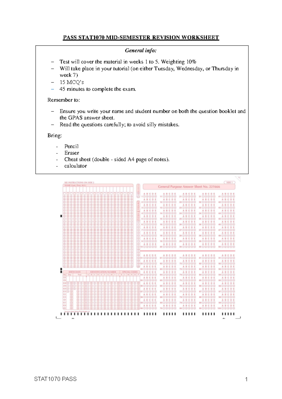 MID SEM Revision Session Student Worksheet - PASS STAT1070 MID-SEMESTER REVISION WORKSHEET ...