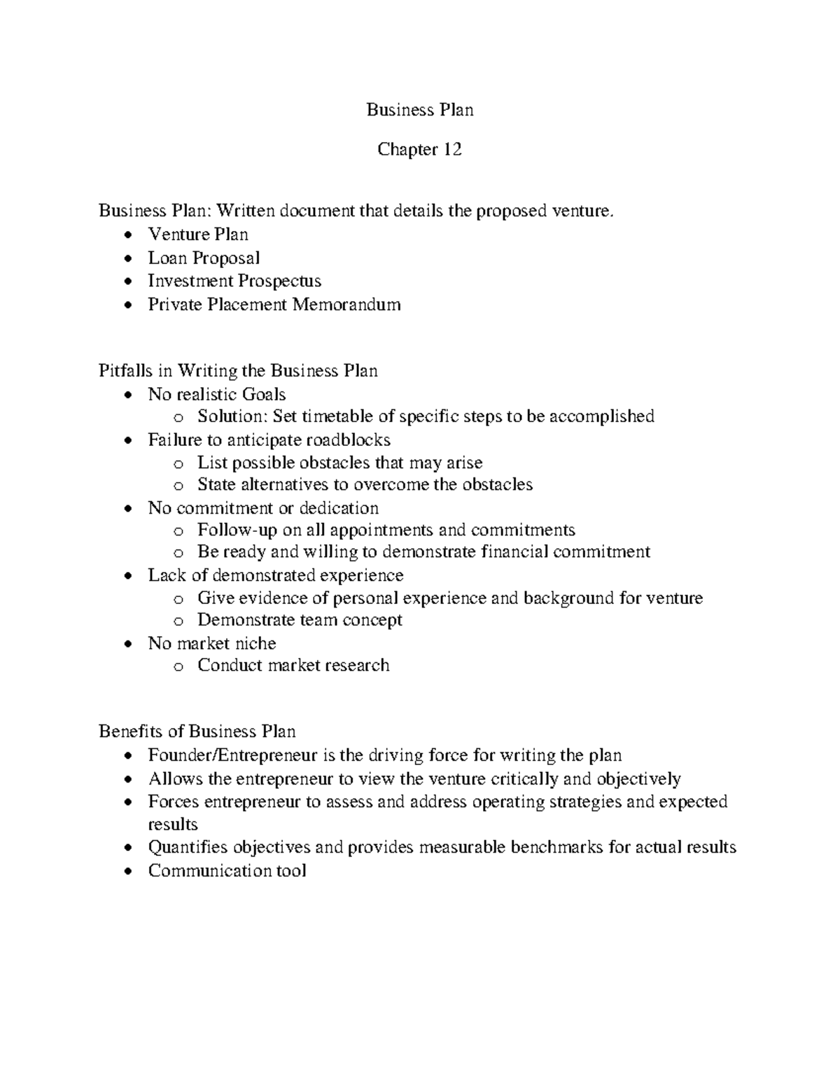 Business Plan Development Class 5 - Business Plan Chapter 12 Business ...