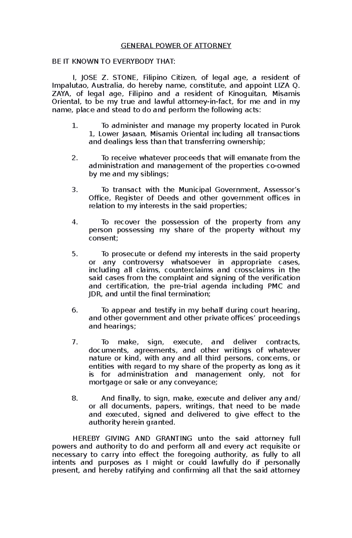 Sample - General Power OF Attorney - GENERAL POWER OF ATTORNEY BE IT ...