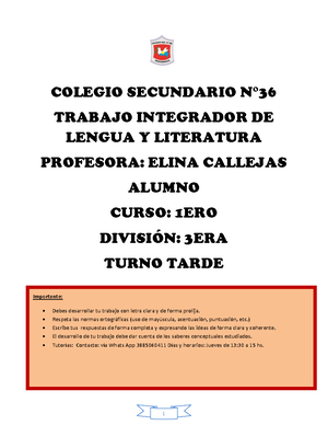Examen DE Lengua 1ero AÑO - Colegio Secundario EXAMEN DE LENGUA Y LITERATURA PRIMER FEBRERO ...