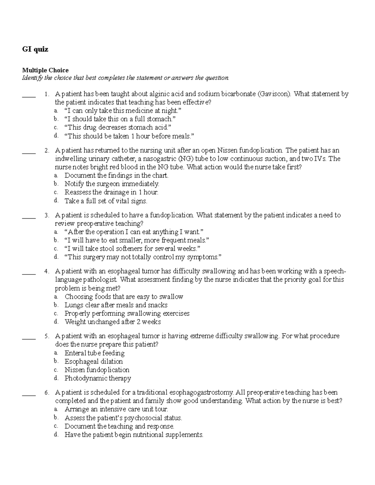 GI quiz - practice quiz - GI quiz Multiple Choice Identify the choice ...