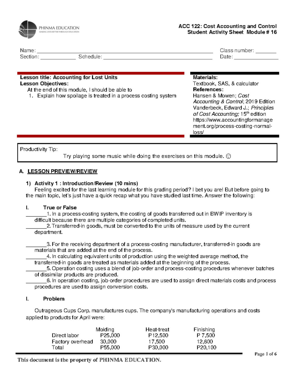 ACC 122 SAS DAY 16 - Lecture notes 16 - Student Activity Sheet Module ...