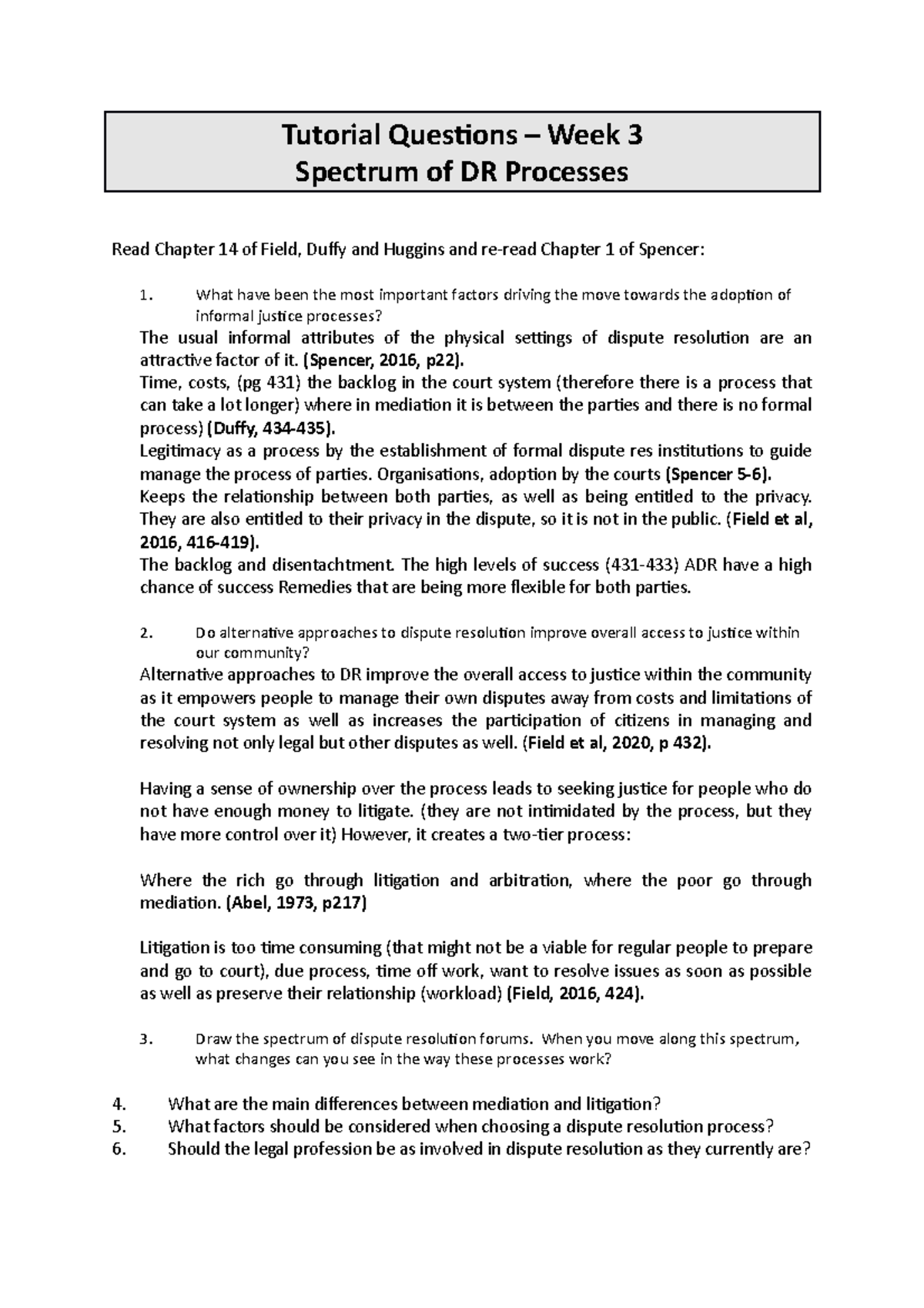 LLB103 Week 3 Tutorial - Tute work - Tutorial Questions – Week 3 Spectrum of DR Processes Read ...