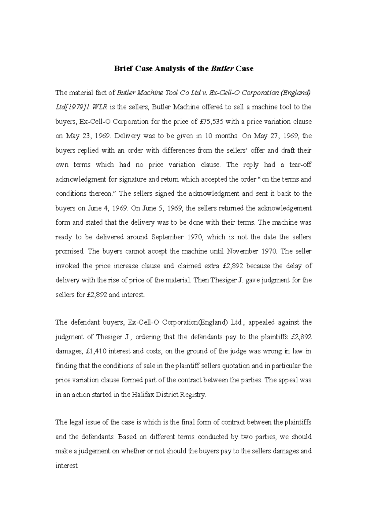 Tutorial 1-offer and acceptance - Brief Case Analysis of the Butler ...