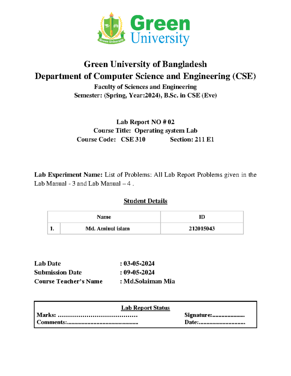 212015 043- OS- Lab-2 - lab task - Green University of Bangladesh Department of Computer Science ...