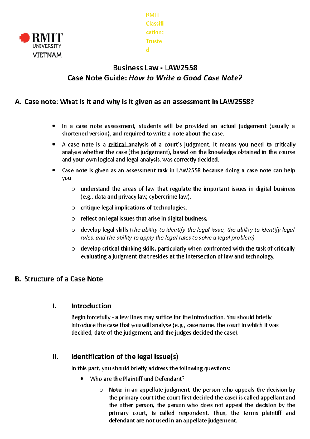 Case Note Guide - LAW2558 - Business Law - LAW Case Note Guide: How to ...