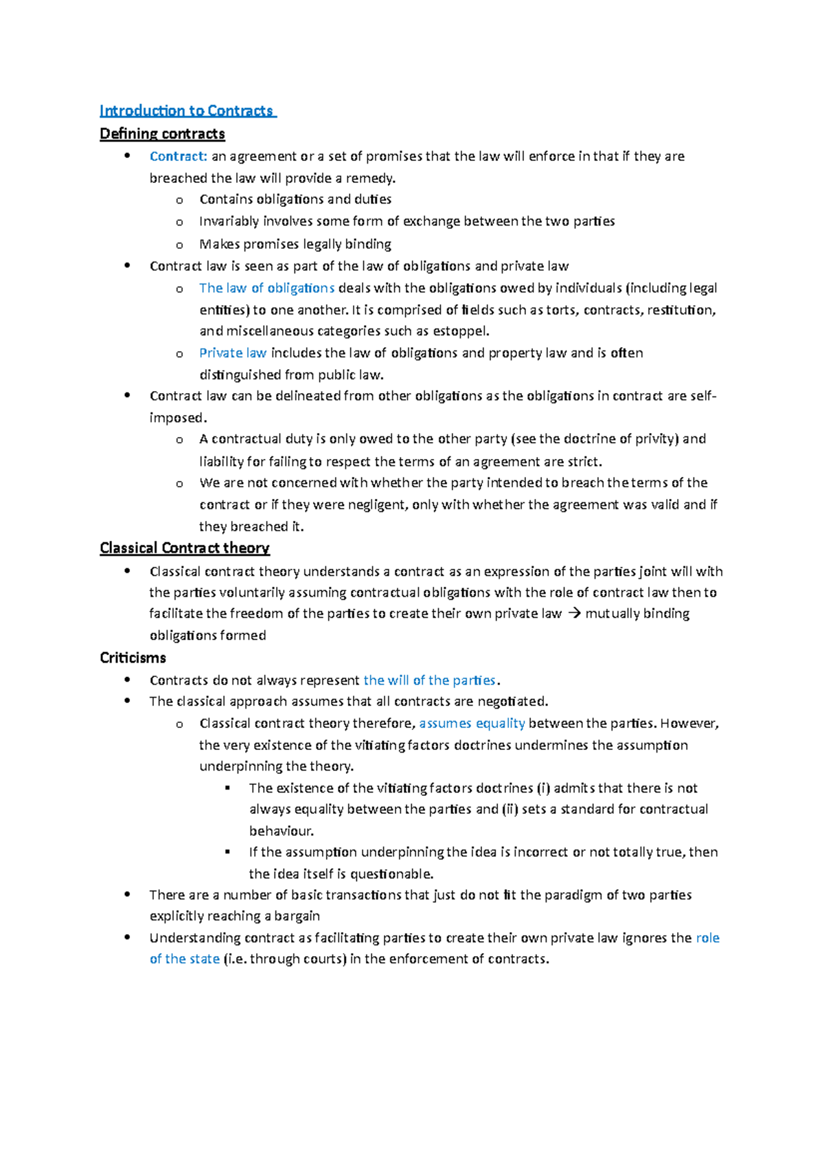 Contracts notes wk 1-5 - Introduction to Contracts Defining contracts ...