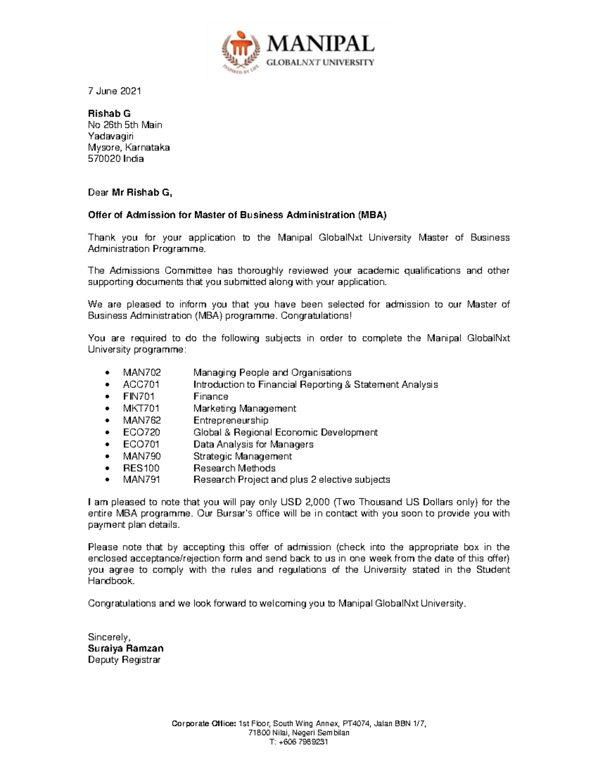 Offer Letter - Student - 7 June 2021 Rishab G No 26th 5th Main ...