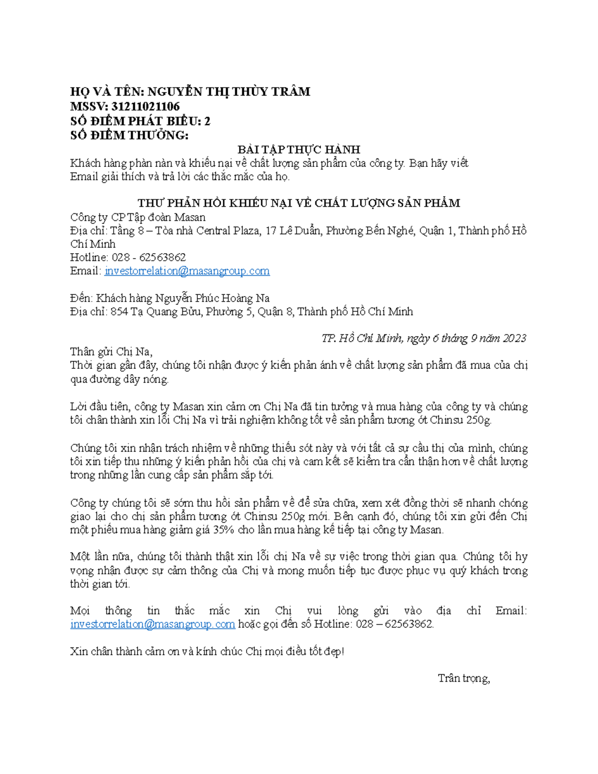 NTTT - aaaaa 2023 - HỌ VÀ TÊN: NGUYỄN THỊ THÙY TRÂM MSSV: 31211021106 ...