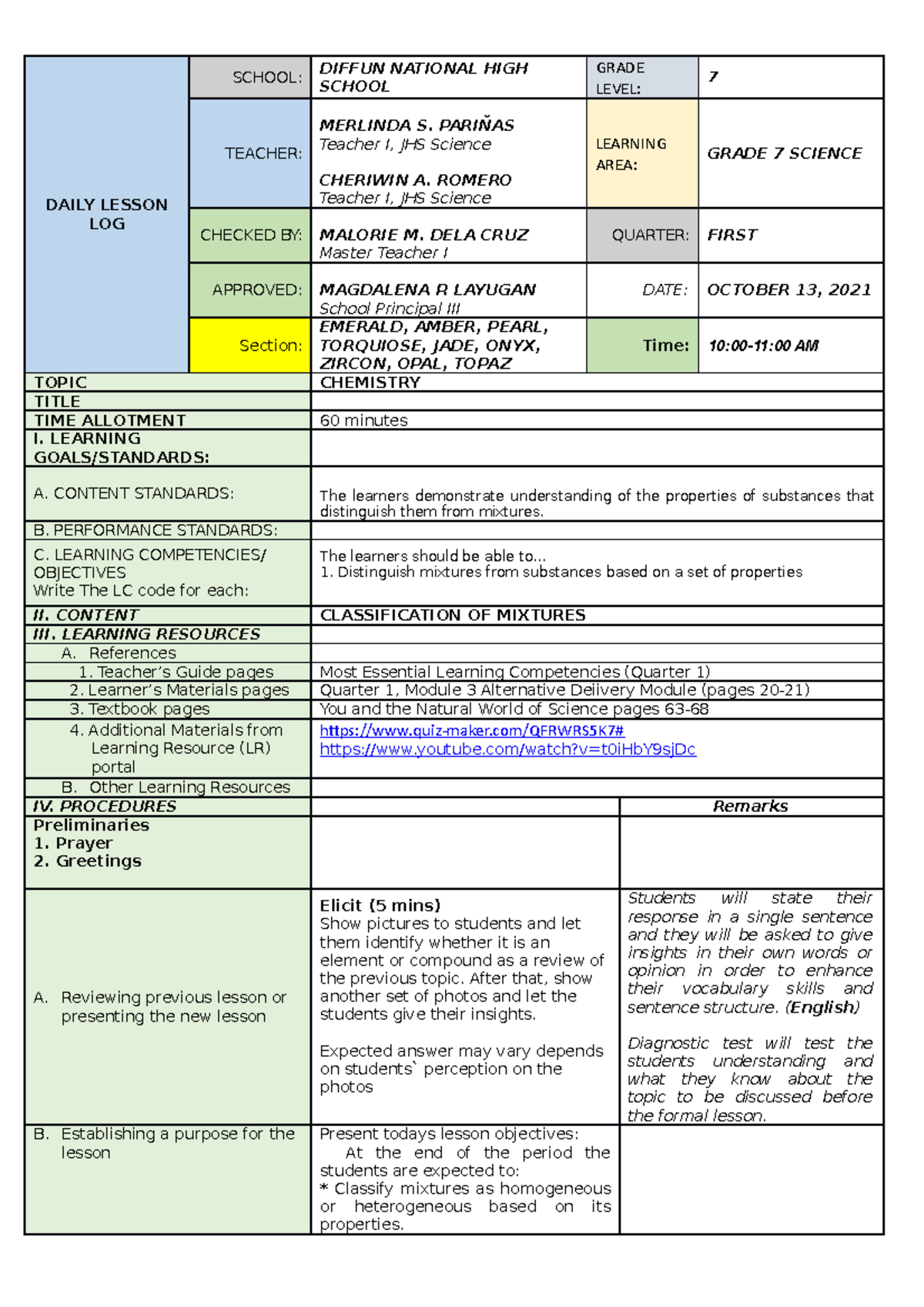 Science 7-LP, Q1 - Documents - DAILY LESSON LOG SCHOOL: DIFFUN NATIONAL ...