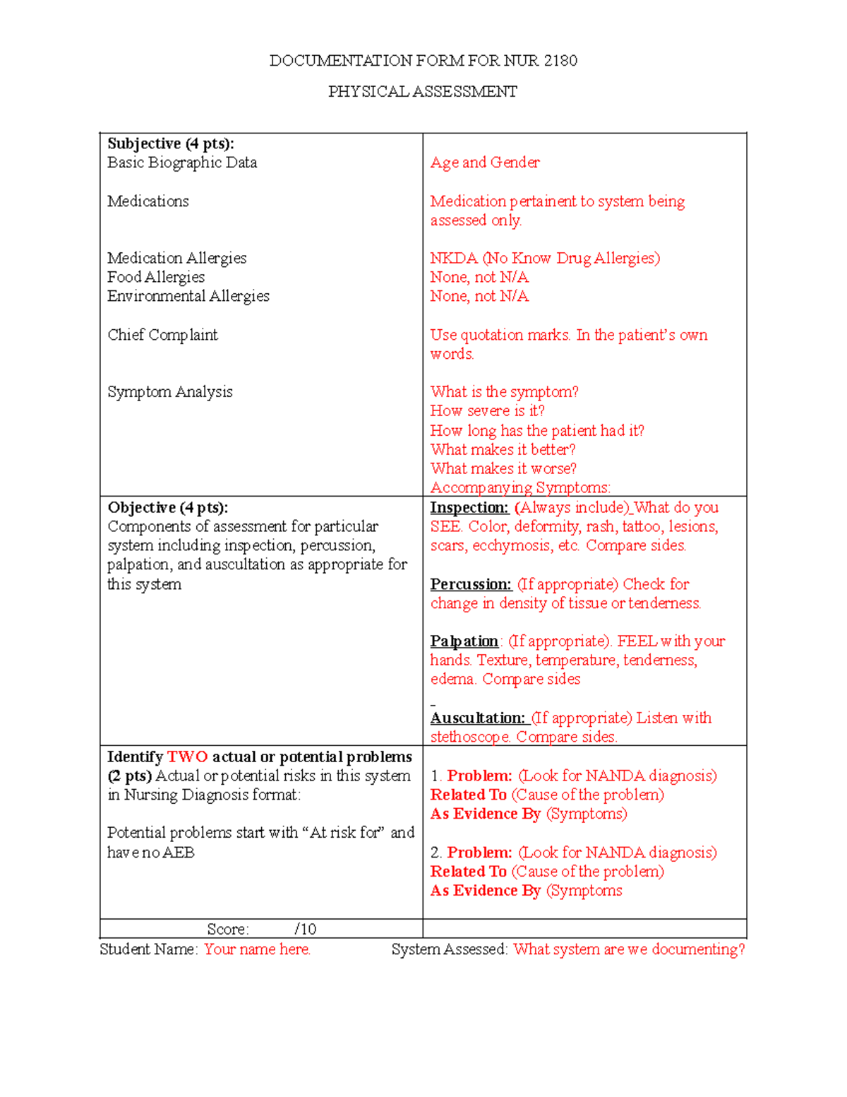 Weekly Documentation Form Example - DOCUMENTATION FORM FOR NUR 2180 ...