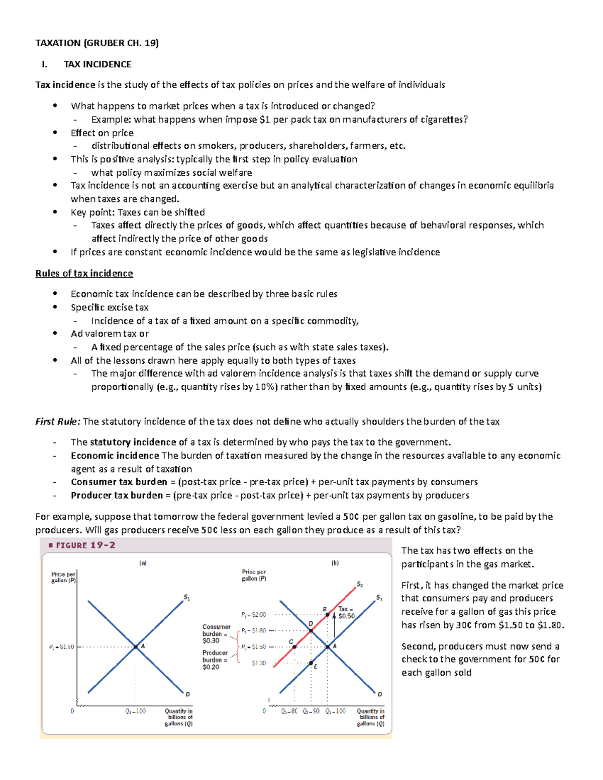 Public Economics Public - TAXATION (GRUBER CH. 19) I. TAX INCIDENCE Tax ...