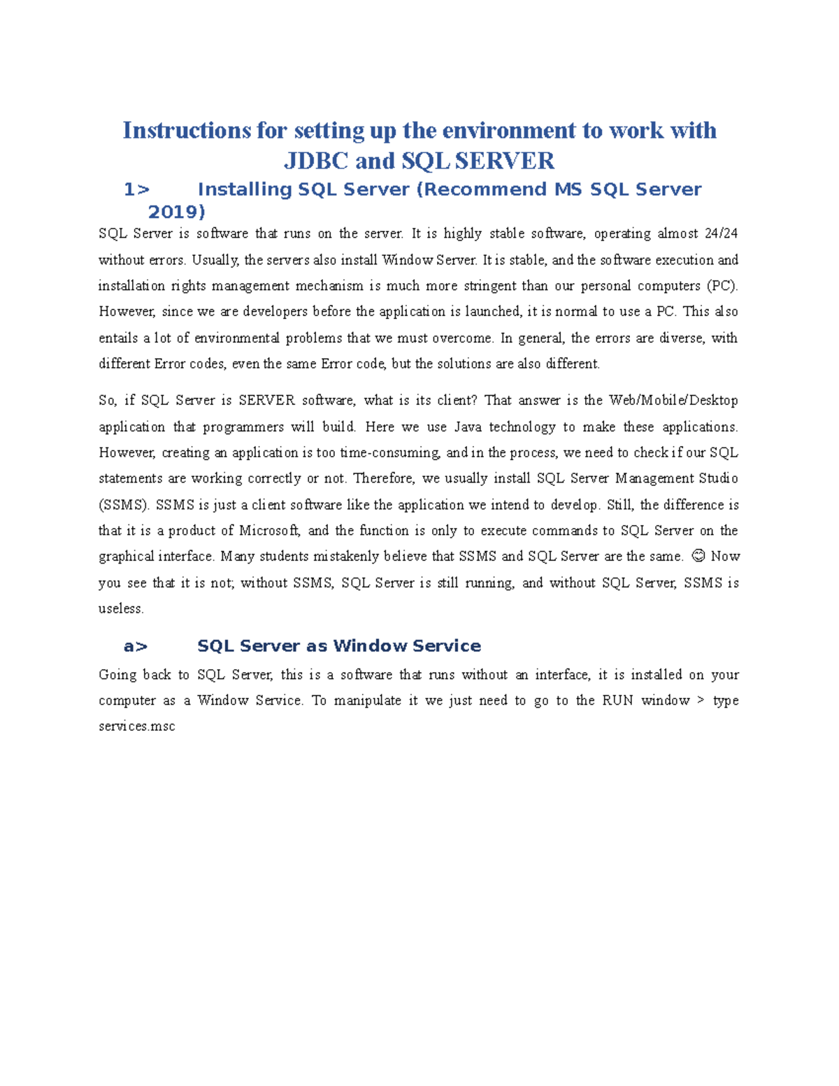 Instructions to Install the Environment for JDBC 1 - Instructions for setting up the environment ...