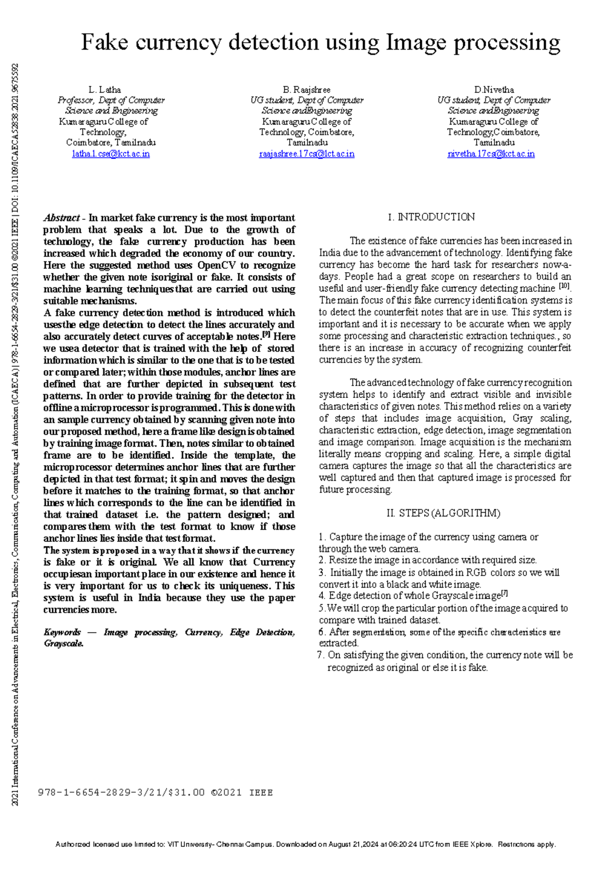 Fake currency detection using Image processing - Latha Professor, Dept of Computer Science and ...