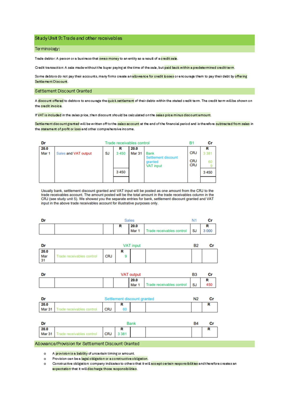 FAC SU9 - Summary of SU9 - Study Unit 9: Trade and other receivables ...