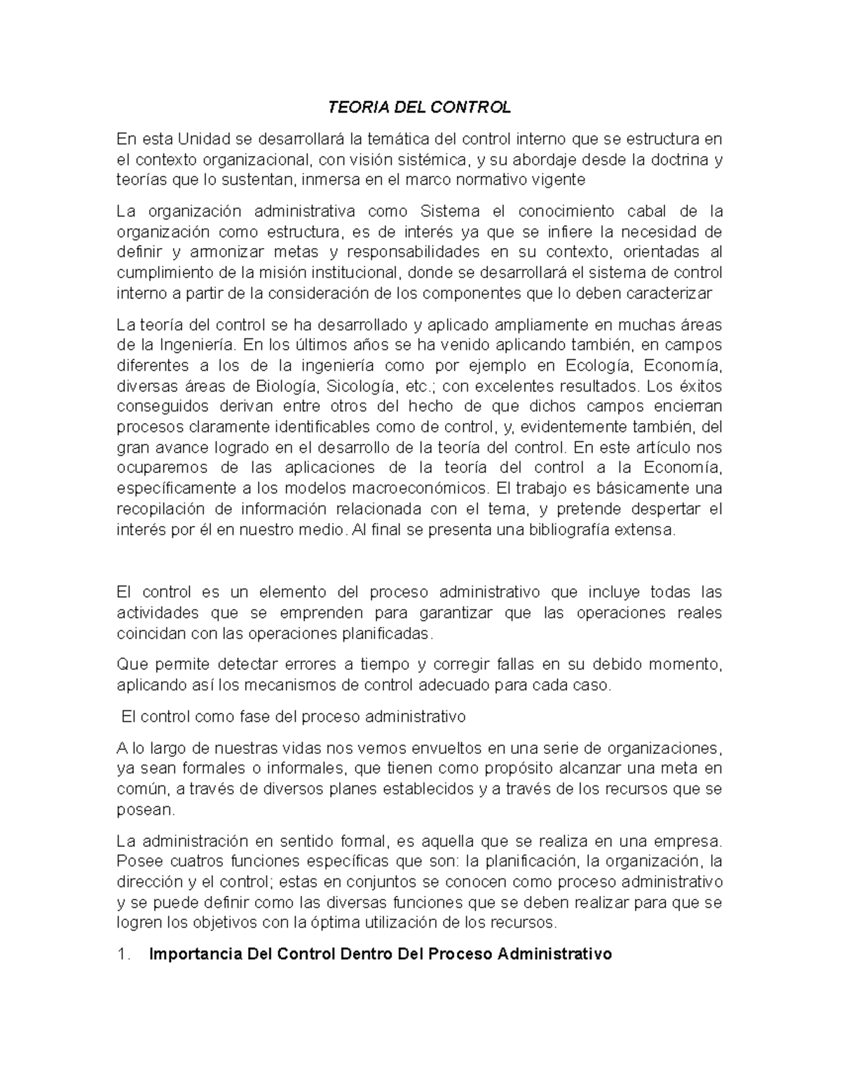 Teoria DEL Control - TEORIA DEL CONTROL En esta Unidad se desarrollará ...