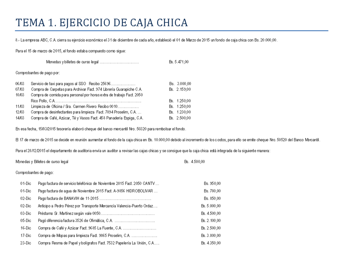 Ejercicio Resuelto CAJA Chica - TEMA 1. EJERCICIO DE CAJA CHICA 8.- La ...