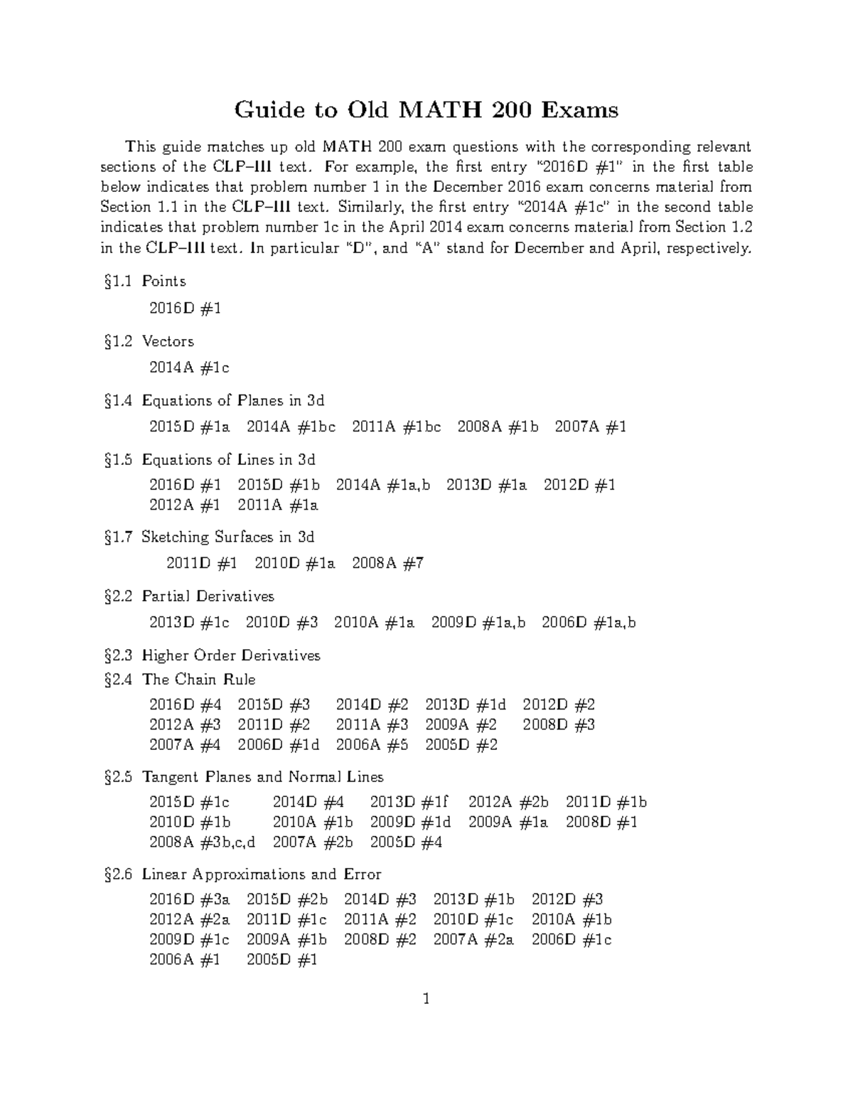 M200exm Guide - Guide to Old MATH 200 Exams This guide matches up old ...