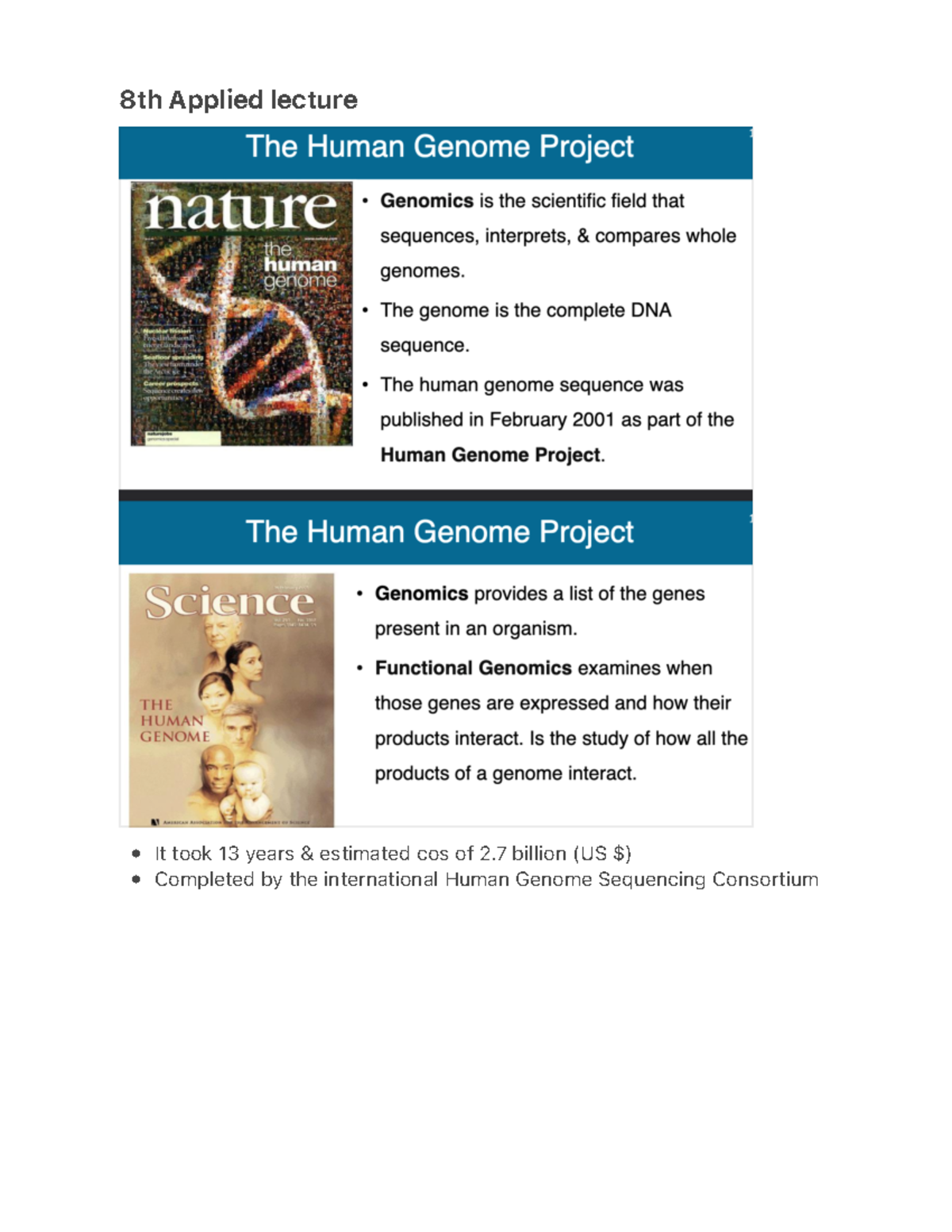 8th Applied lecture - notes - 8th Applied lecture The Human Genome ...