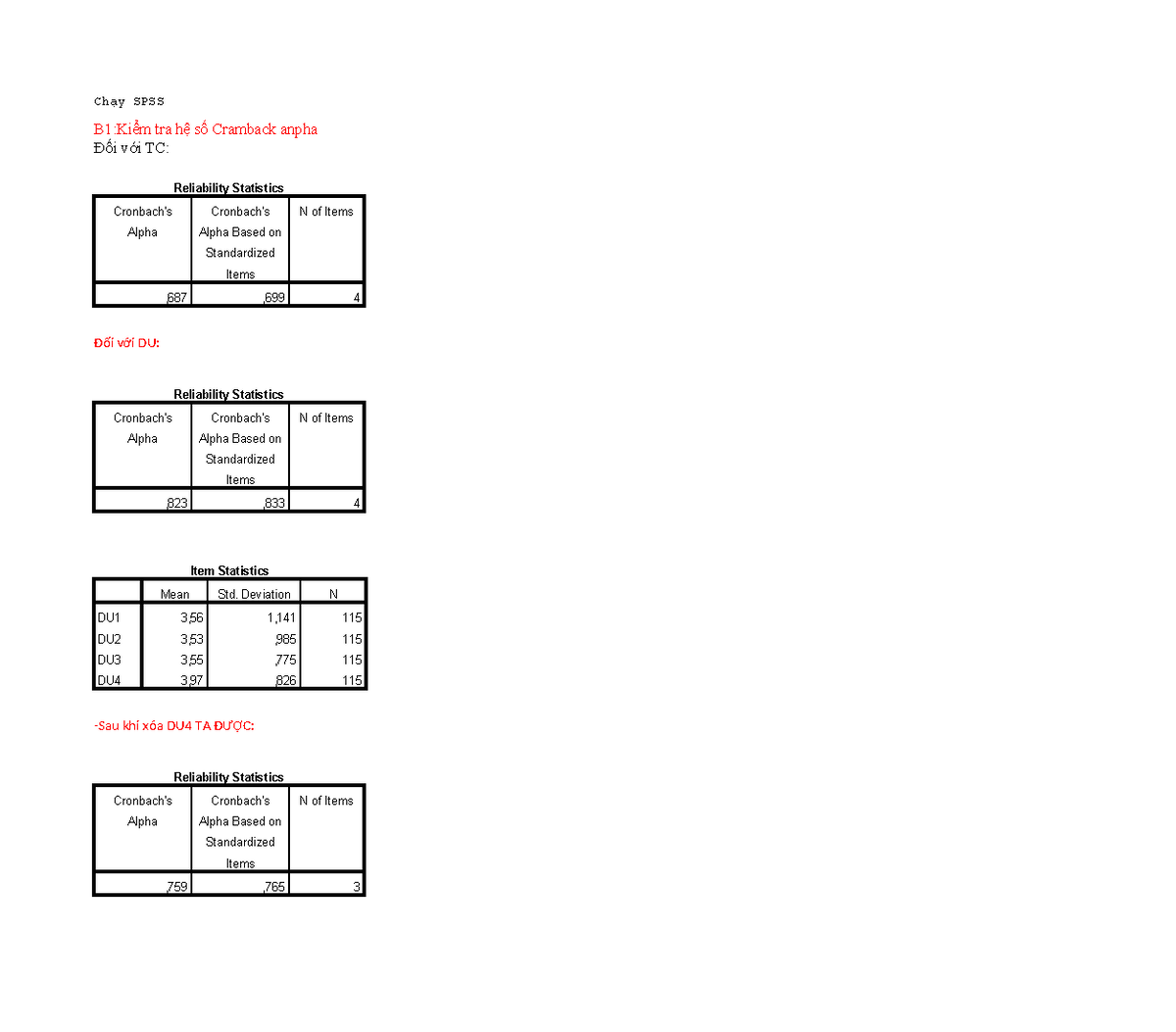 Chạy SPSS word - Chạy SPSS B1:Kiểm tra hệ số Cramback anpha Đối với TC: Reliability Statistics ...