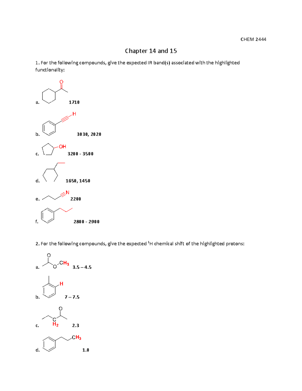 Ch-14-15-Supplemental Problems Answers - For the following compounds, give the expected IR band ...