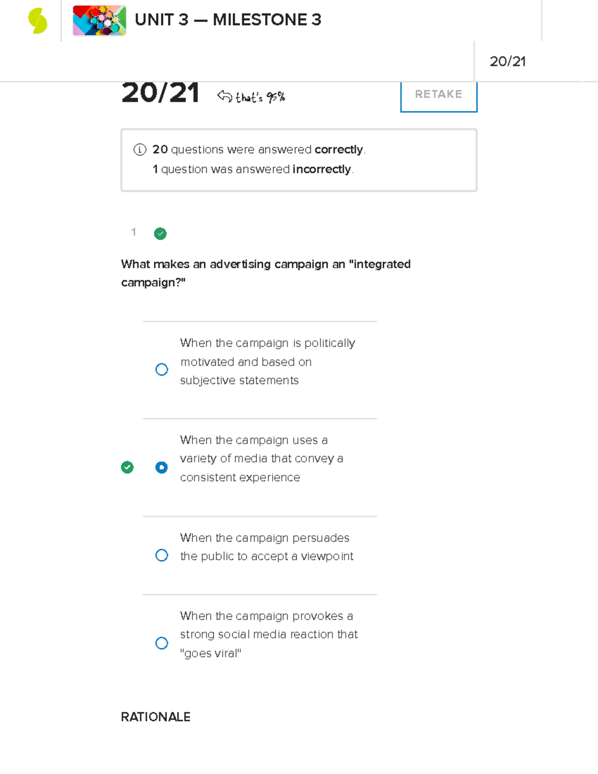Visual Comms milestone 3 - 1 20 / 21 that's 95% RETAKE 20 questions ...