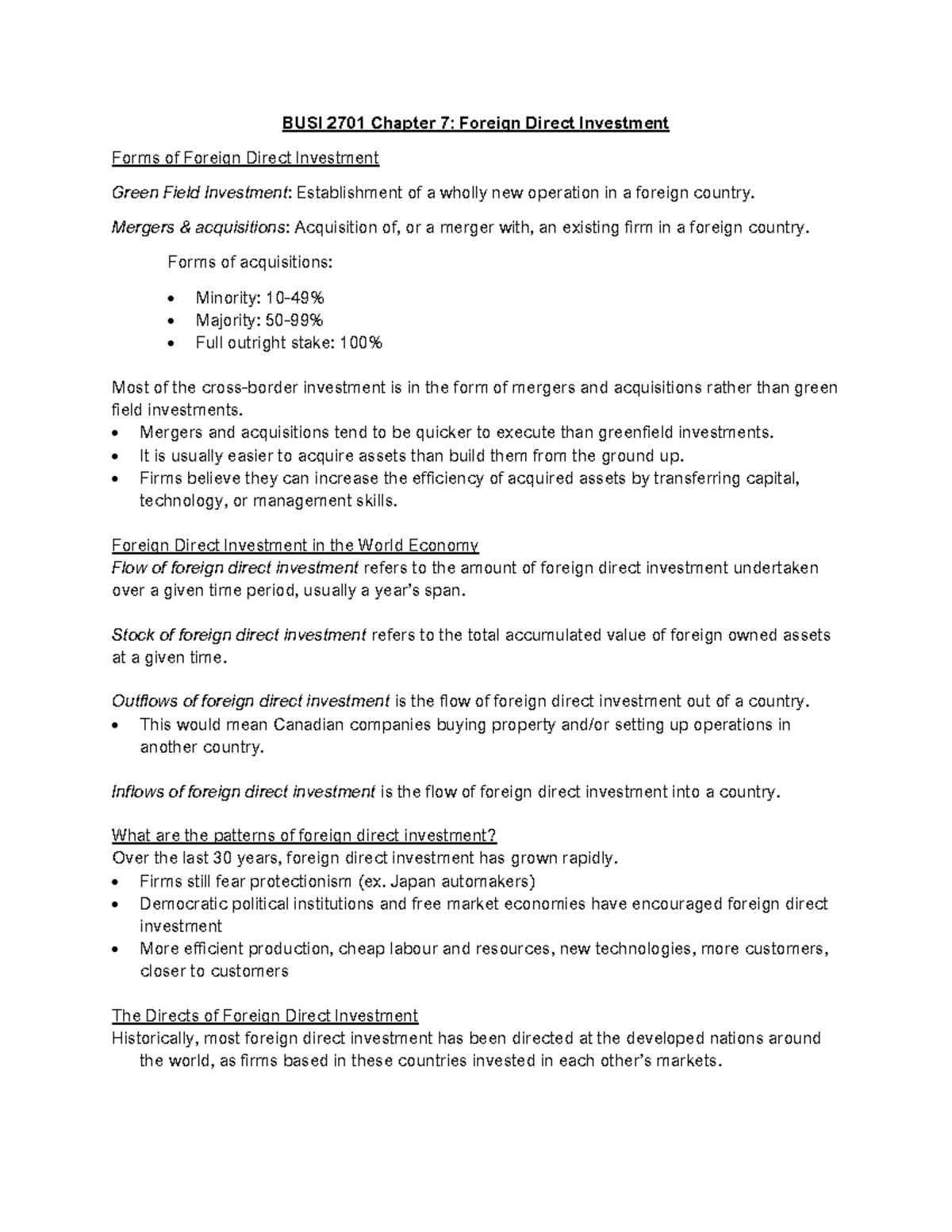 Chapter 7 Notes - lecture 7 - BUSI 2701 Chapter 7: Foreign Direct ...