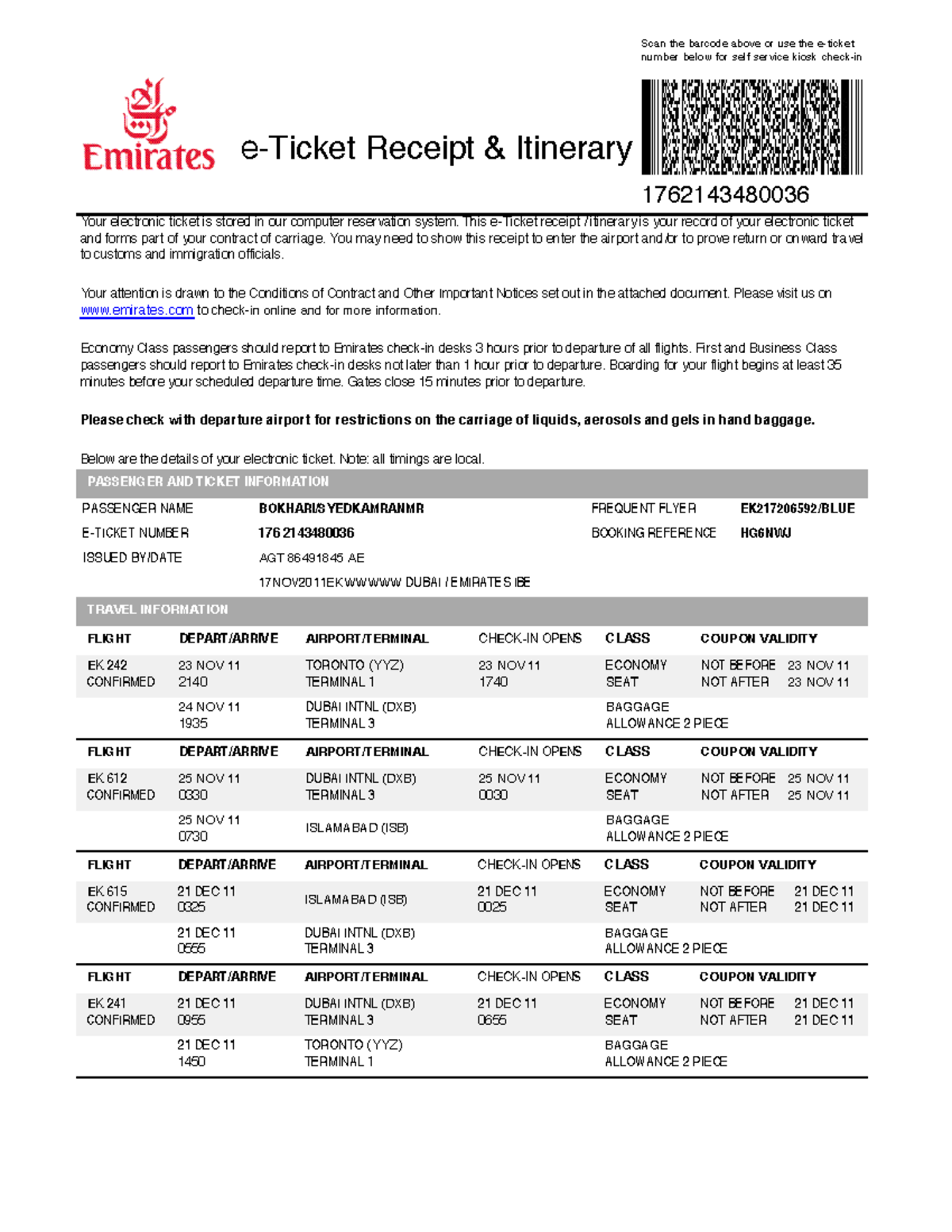 32293 Toronto-Islamabad-Toronto Flight - e-Ticket Receipt & Itinerary ...