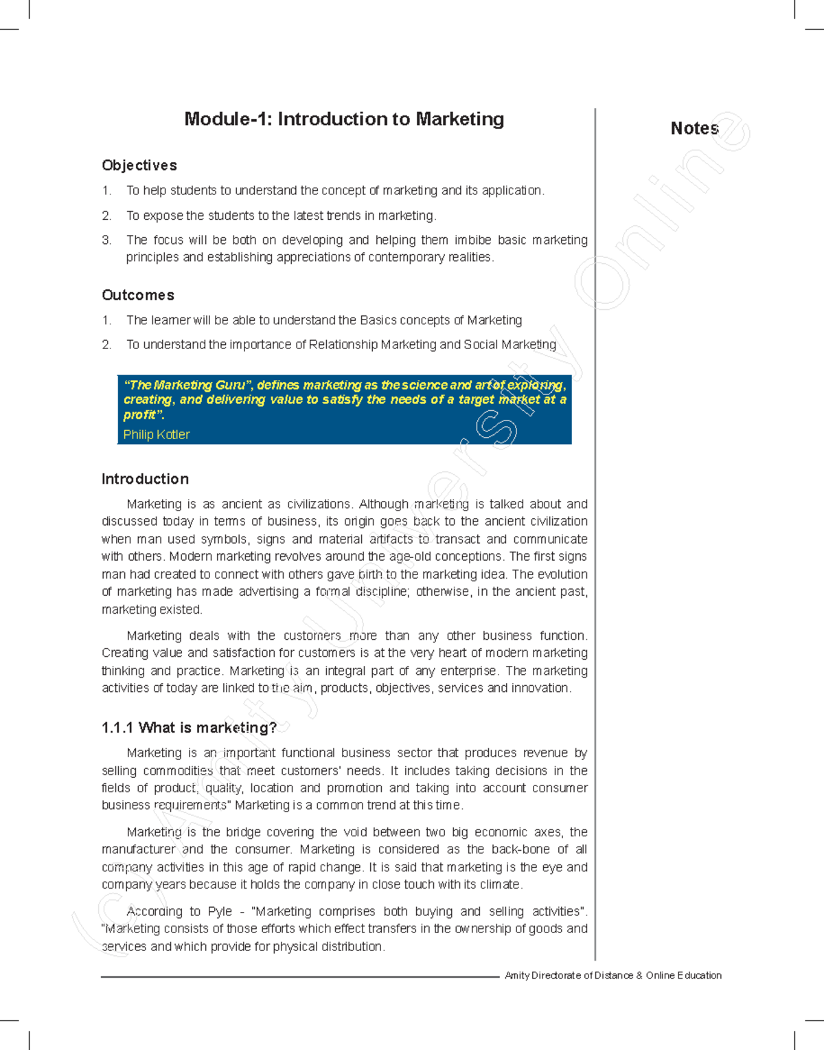 Principle of Marketing - Notes Module-1: Introduction to Marketing ...
