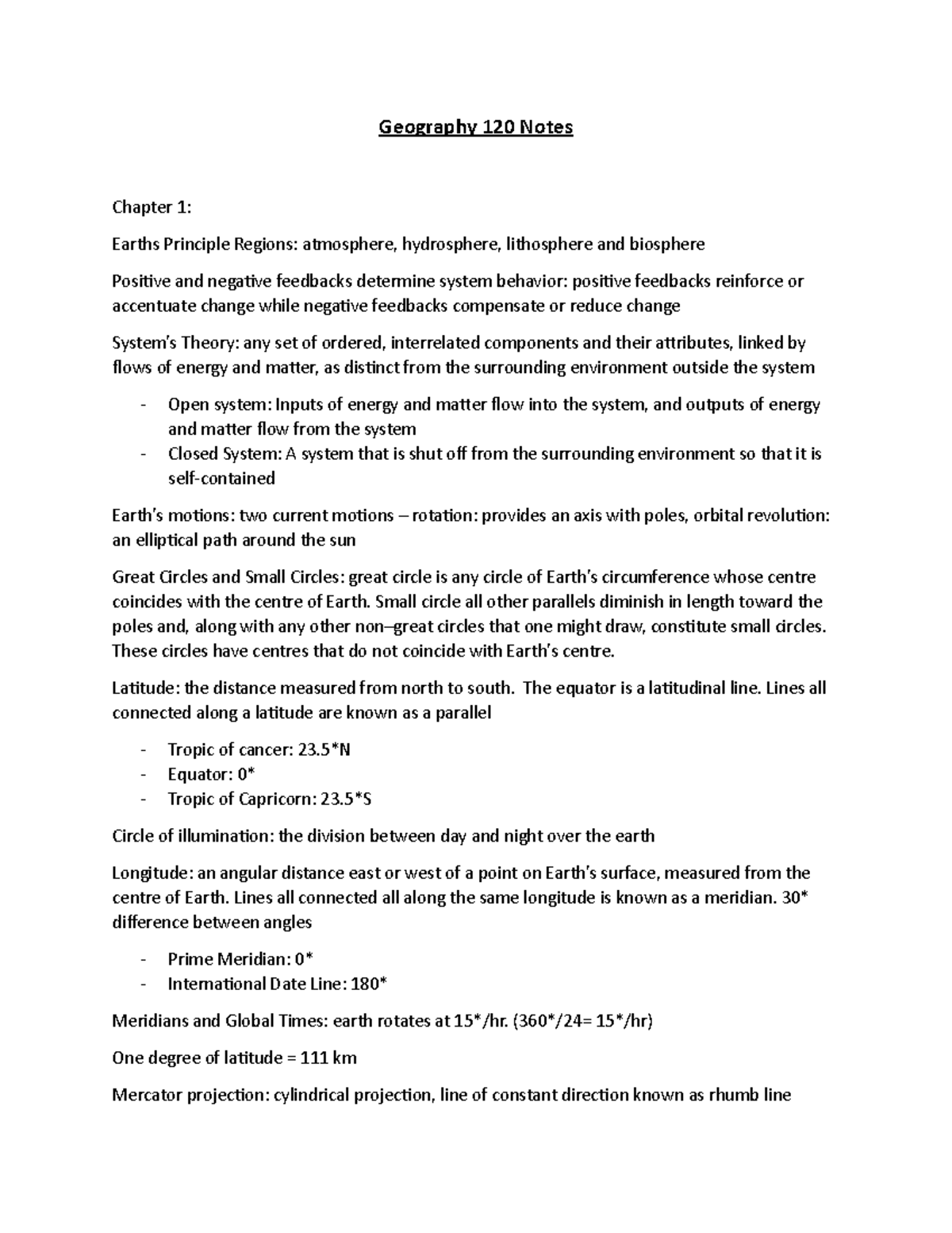 Geog 120 Notes - Geography 120 Notes Chapter 1: Earths Principle ...