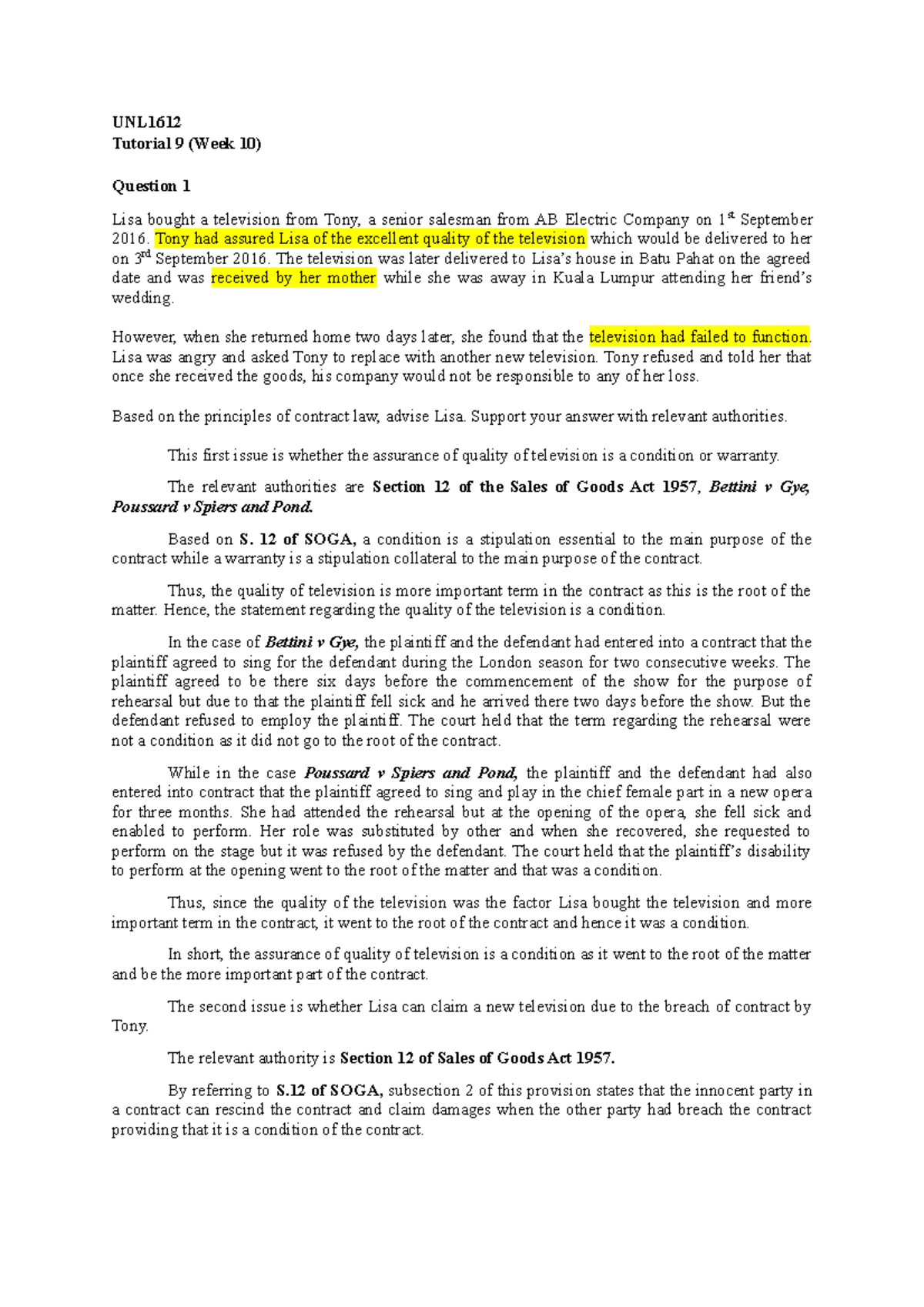 Tutorial 9 (Week 10) - UNL Tutorial 9 (Week 10) Question 1 Lisa bought ...