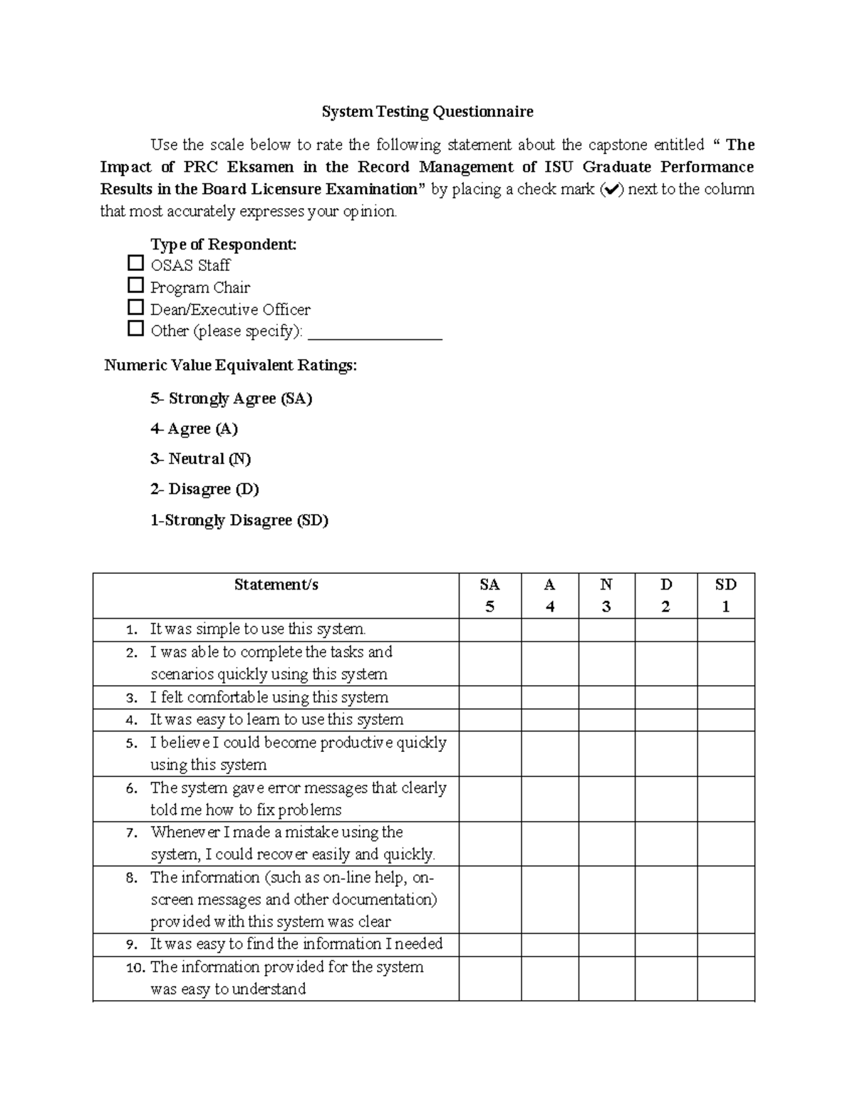 Sysquest- Final - ldka - System Testing Questionnaire Use the scale ...