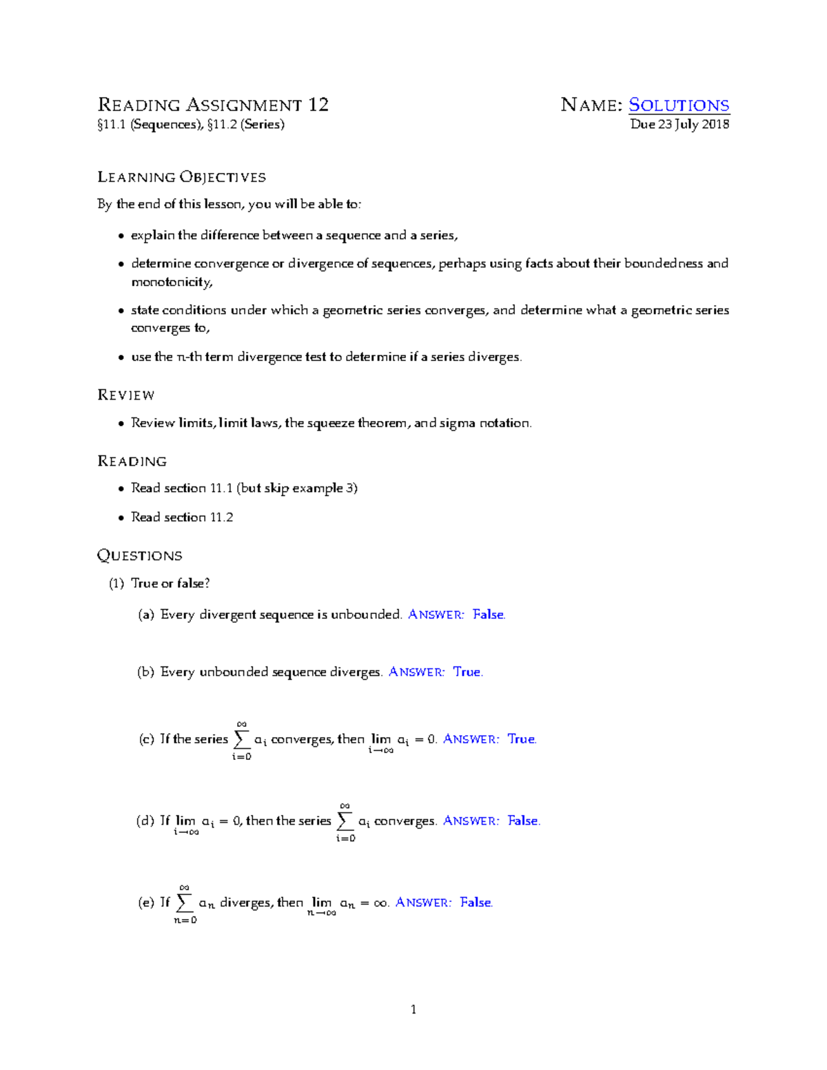 18su 1910 reading 12 solutions - READING ASSIGNMENT 12 NAME: SOLUTIONS §11 (Sequences), §11 ...