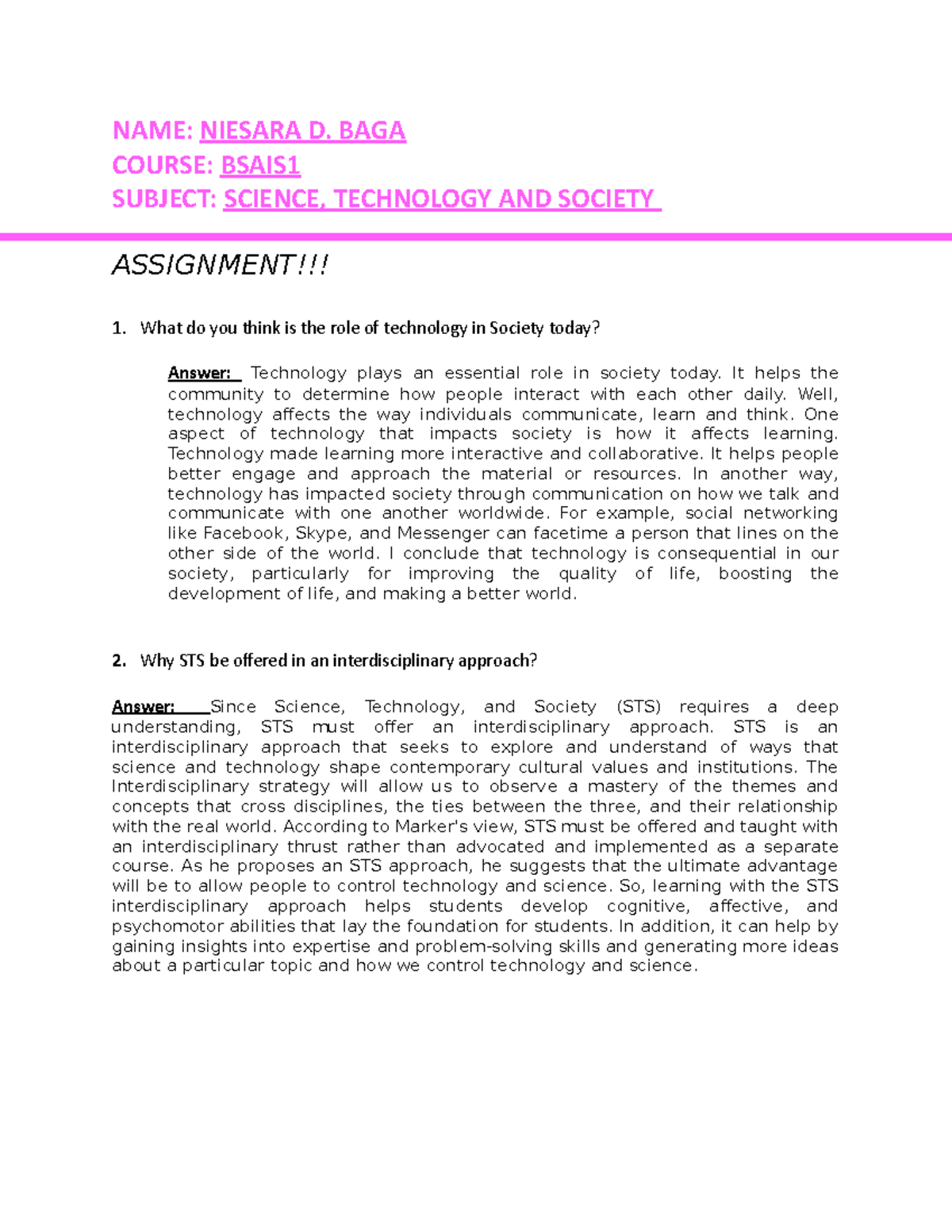 Bsais 1- STS(assignment)-1 - NAME: NIESARA D. BAGA COURSE: BSAIS ...