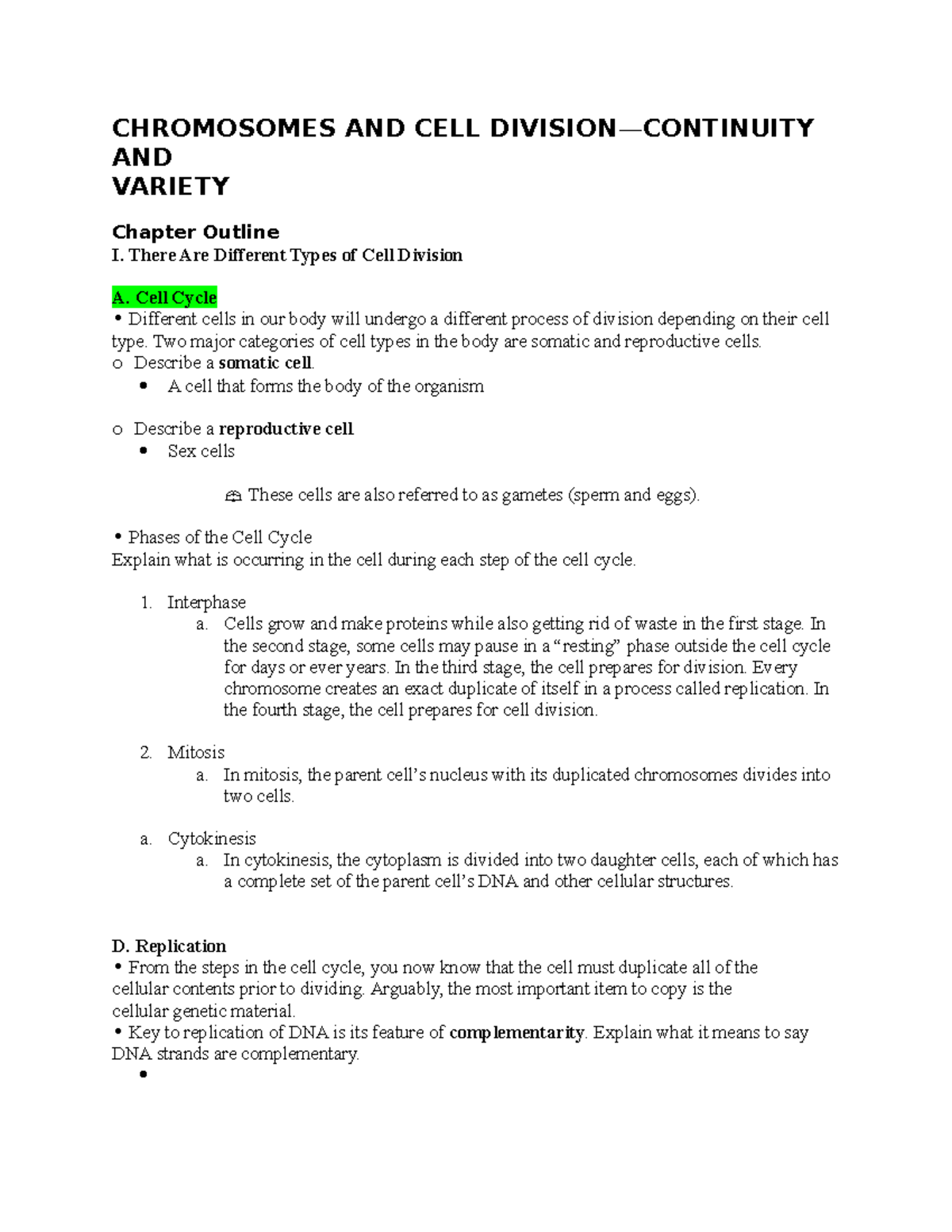 BIO 105 - Chromosomes and Cell Division study guide - CHROMOSOMES AND ...